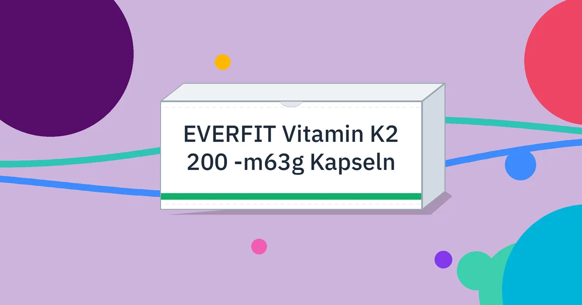 Symbolbild: Packung mit der Aufschrift EVERFIT Vitamin K2 200 -m63g Kapseln (PZN 16198429) – Verfügbarkeit und Bezug in Apotheken in Frankfurt am Main