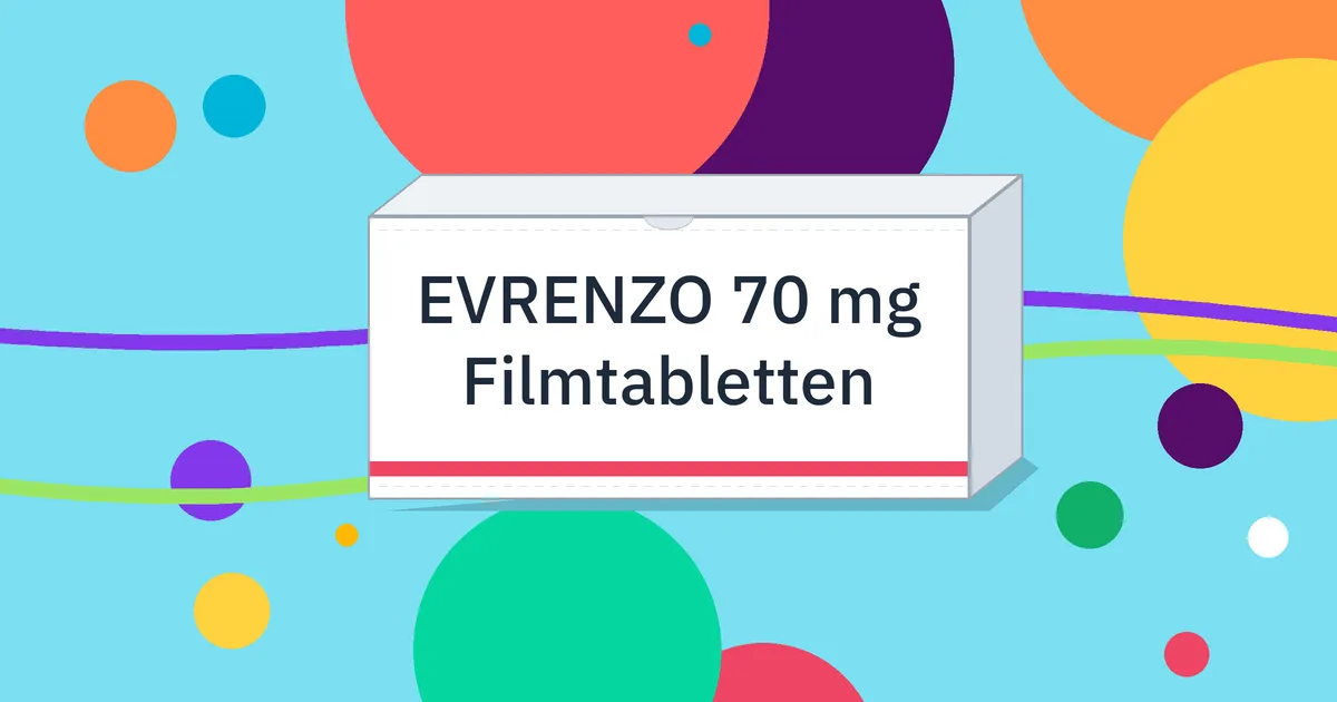 Symbolbild: Packung mit der Aufschrift EVRENZO 70 mg Filmtabletten (PZN 19798940) – Verfügbarkeit und Bezug in Apotheken in Frankfurt am Main