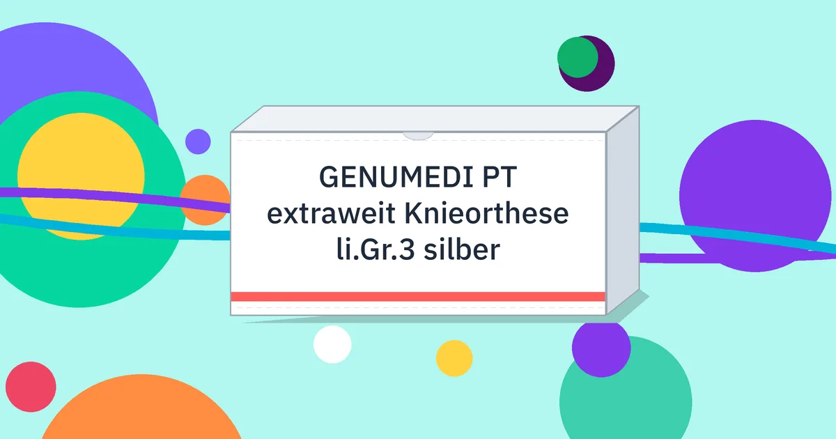 Symbolbild: Packung mit der Aufschrift GENUMEDI PT extraweit Knieorthese li.Gr.3 silber (PZN 10073046) – Verfügbarkeit und Bezug in Apotheken in Frankfurt am Main
