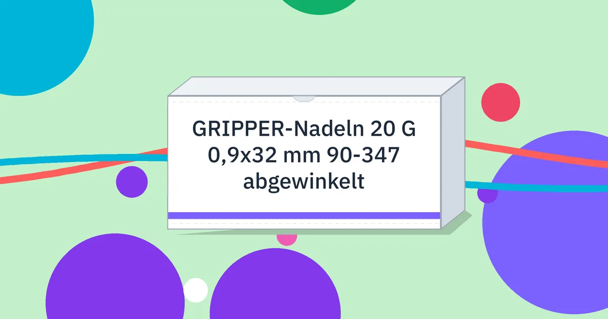 Symbolbild: Packung mit der Aufschrift GRIPPER-Nadeln 20 G 0,9x32 mm 90-347 abgewinkelt (PZN 14287028) – Verfügbarkeit und Bezug in Apotheken in Frankfurt am Main