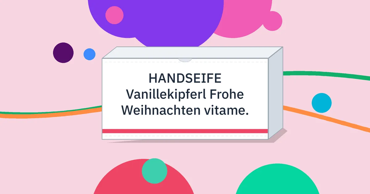 Symbolbild: Packung mit der Aufschrift HANDSEIFE Vanillekipferl Frohe Weihnachten vitame. (PZN 20082112) – Verfügbarkeit und Bezug in Apotheken in Frankfurt am Main