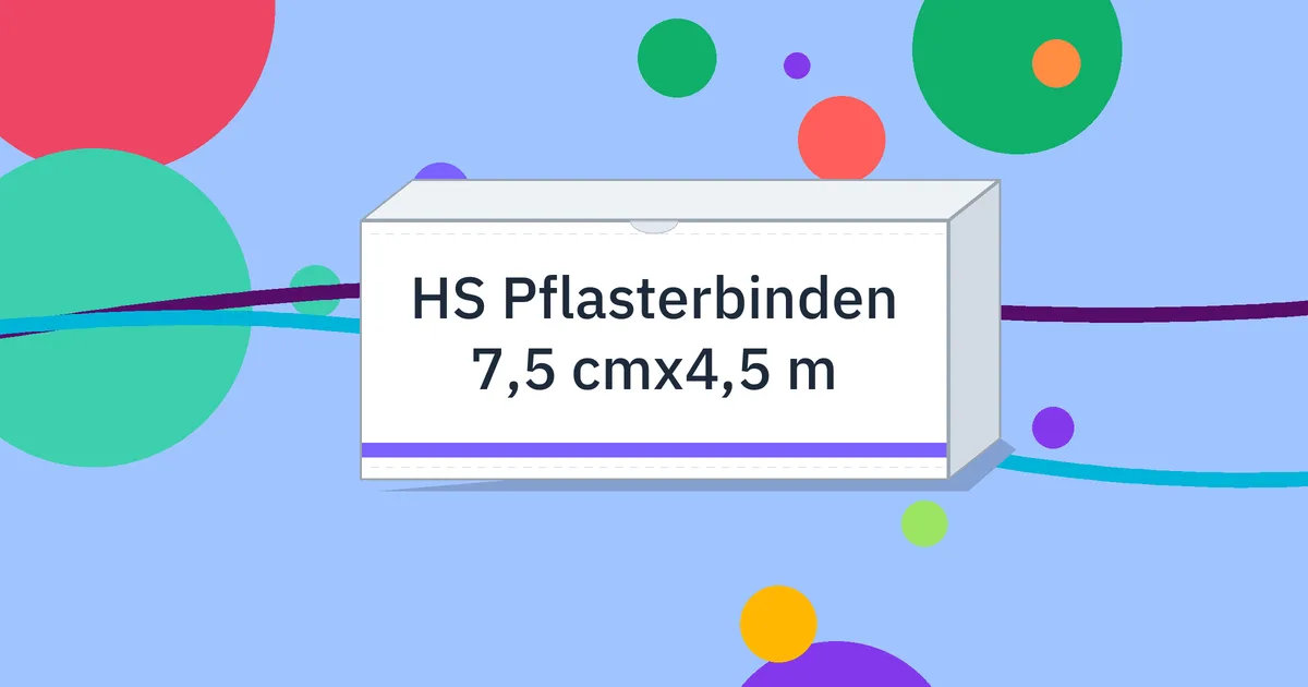 Symbolbild: Packung mit der Aufschrift HS Pflasterbinden 7,5 cmx4,5 m (PZN 12596529) – Verfügbarkeit und Bezug in Apotheken in Frankfurt am Main