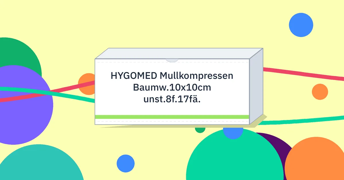 Symbolbild: Packung mit der Aufschrift HYGOMED Mullkompressen Baumw.10x10cm unst.8f.17fä. (PZN 20383167) – Verfügbarkeit und Bezug in Apotheken in Frankfurt am Main