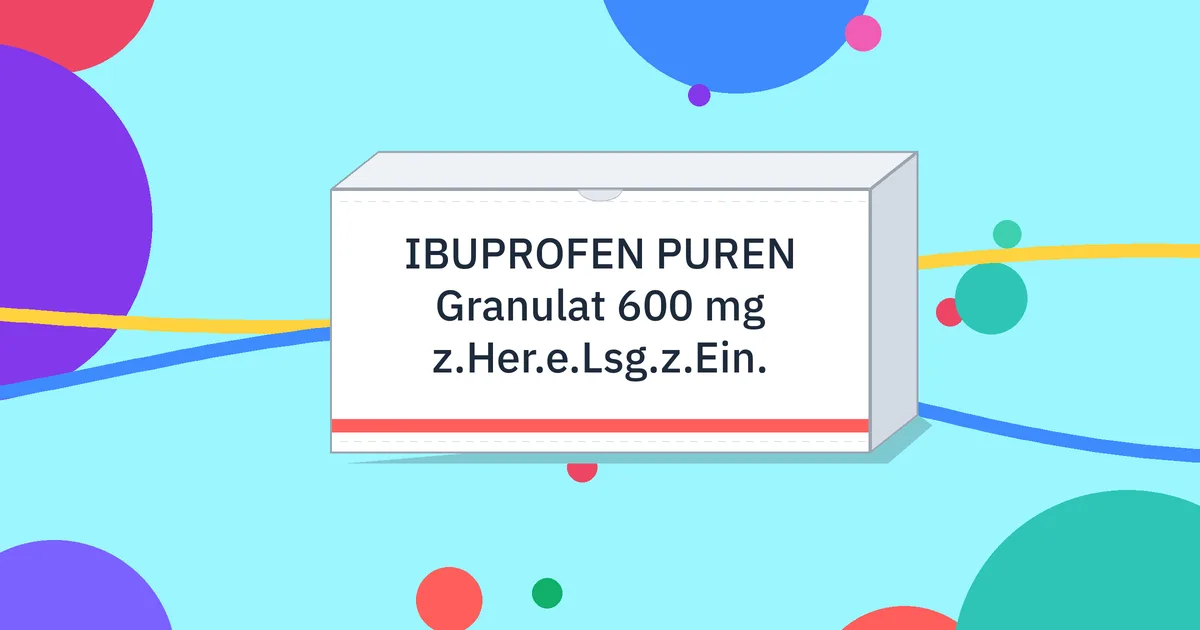 Symbolbild: Packung mit der Aufschrift IBUPROFEN PUREN Granulat 600 mg z.Her.e.Lsg.z.Ein. (PZN 11355172) – Verfügbarkeit und Bezug in Apotheken in Frankfurt am Main