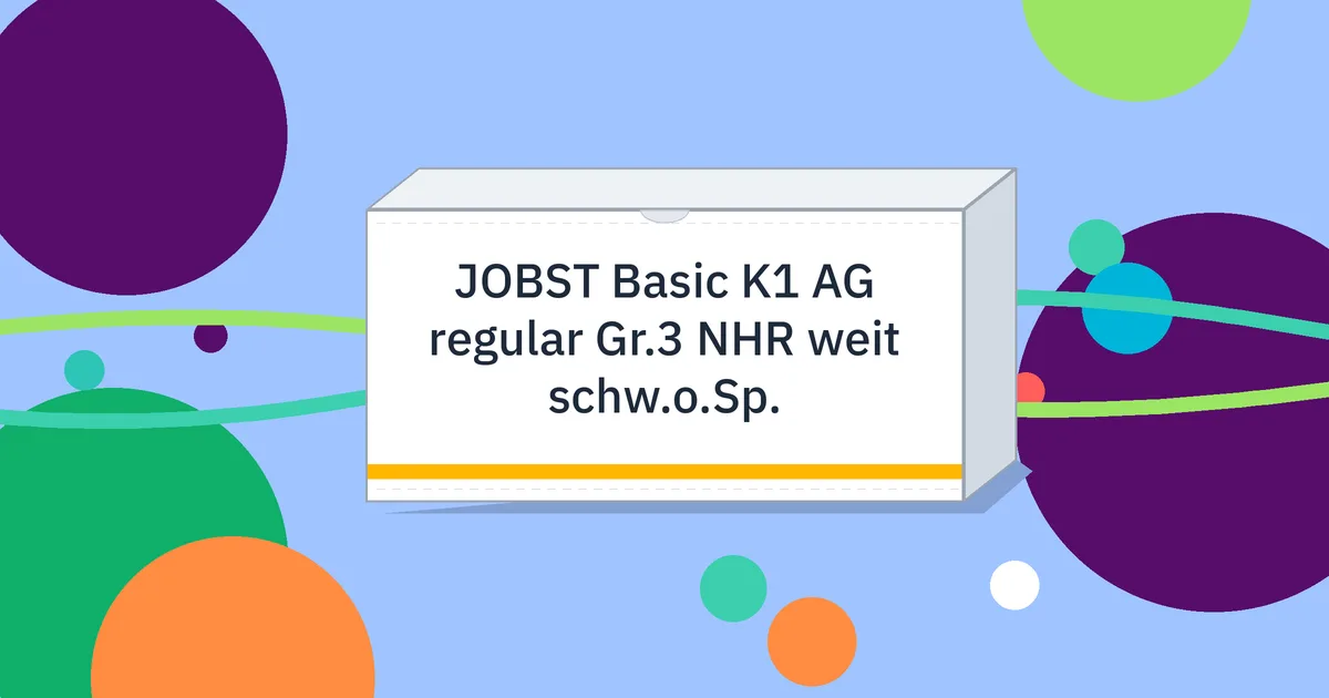 Symbolbild: Packung mit der Aufschrift JOBST Basic K1 AG regular Gr.3 NHR weit schw.o.Sp. (PZN 15309950) – Verfügbarkeit und Bezug in Apotheken in Frankfurt am Main