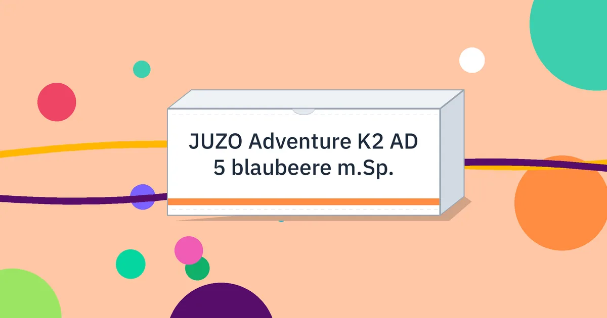 Symbolbild: Packung mit der Aufschrift JUZO Adventure K2 AD 5 blaubeere m.Sp. (PZN 16344807) – Verfügbarkeit und Bezug in Apotheken in Frankfurt am Main