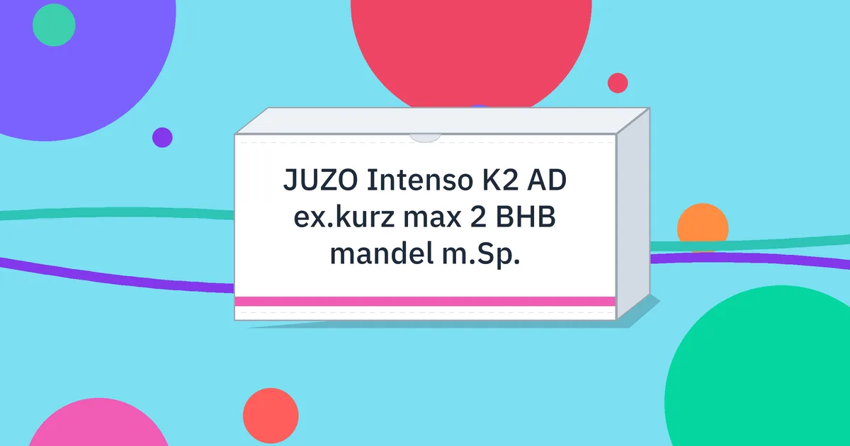 Symbolbild: Packung mit der Aufschrift JUZO Intenso K2 AD ex.kurz max 2 BHB mandel m.Sp. (PZN 18614027) – Verfügbarkeit und Bezug in Apotheken in Frankfurt am Main