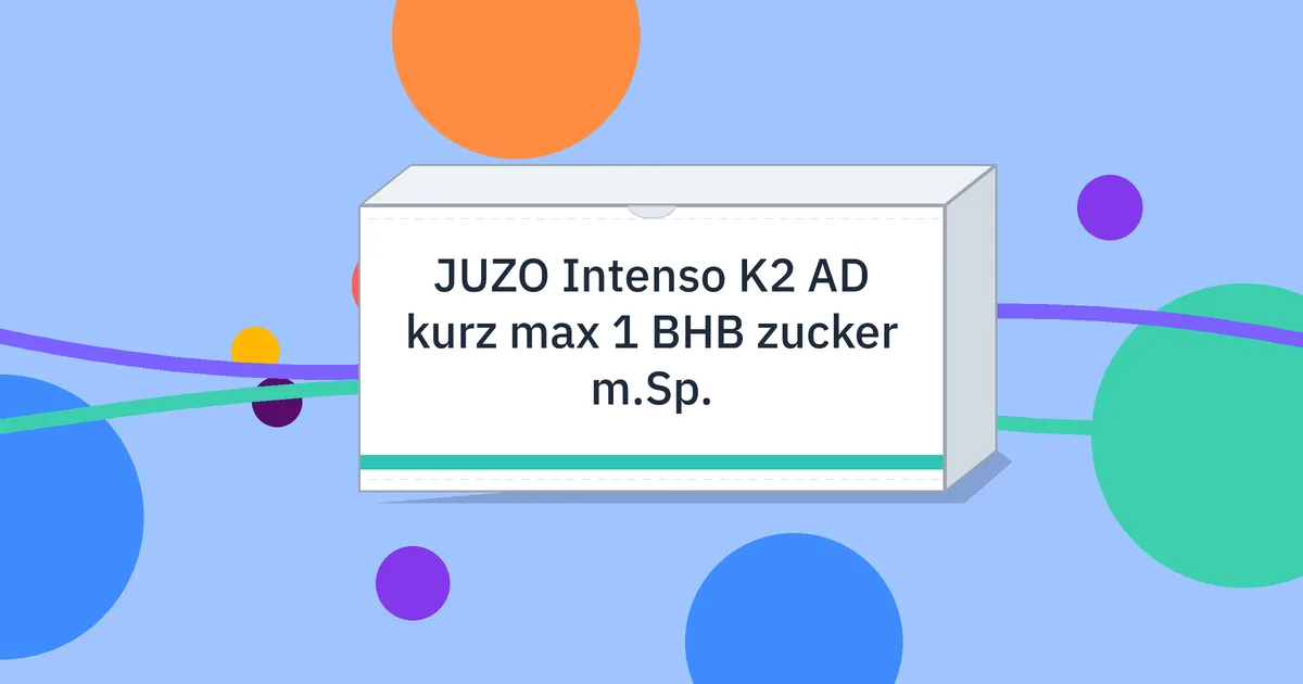 Symbolbild: Packung mit der Aufschrift JUZO Intenso K2 AD kurz max 1 BHB zucker m.Sp. (PZN 18615446) – Verfügbarkeit und Bezug in Apotheken in Frankfurt am Main