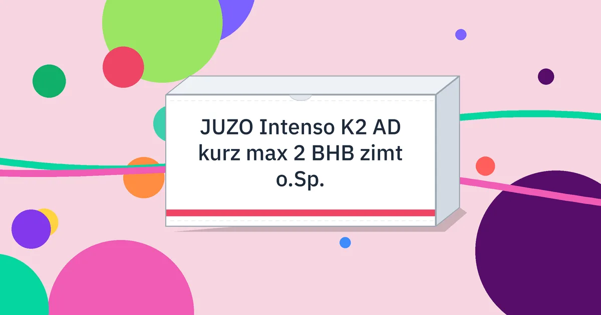 Symbolbild: Packung mit der Aufschrift JUZO Intenso K2 AD kurz max 2 BHB zimt o.Sp. (PZN 18626102) – Verfügbarkeit und Bezug in Apotheken in Frankfurt am Main
