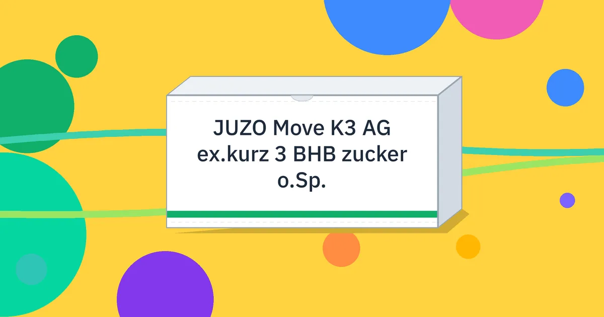 Symbolbild: Packung mit der Aufschrift JUZO Move K3 AG ex.kurz 3 BHB zucker o.Sp. (PZN 18585461) – Verfügbarkeit und Bezug in Apotheken in Frankfurt am Main