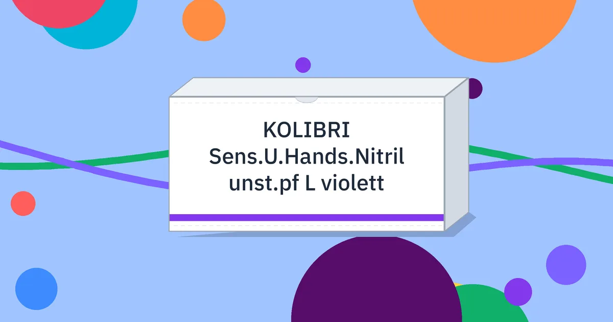 Symbolbild: Packung mit der Aufschrift KOLIBRI Sens.U.Hands.Nitril unst.pf L violett (PZN 18891502) – Verfügbarkeit und Bezug in Apotheken in Frankfurt am Main