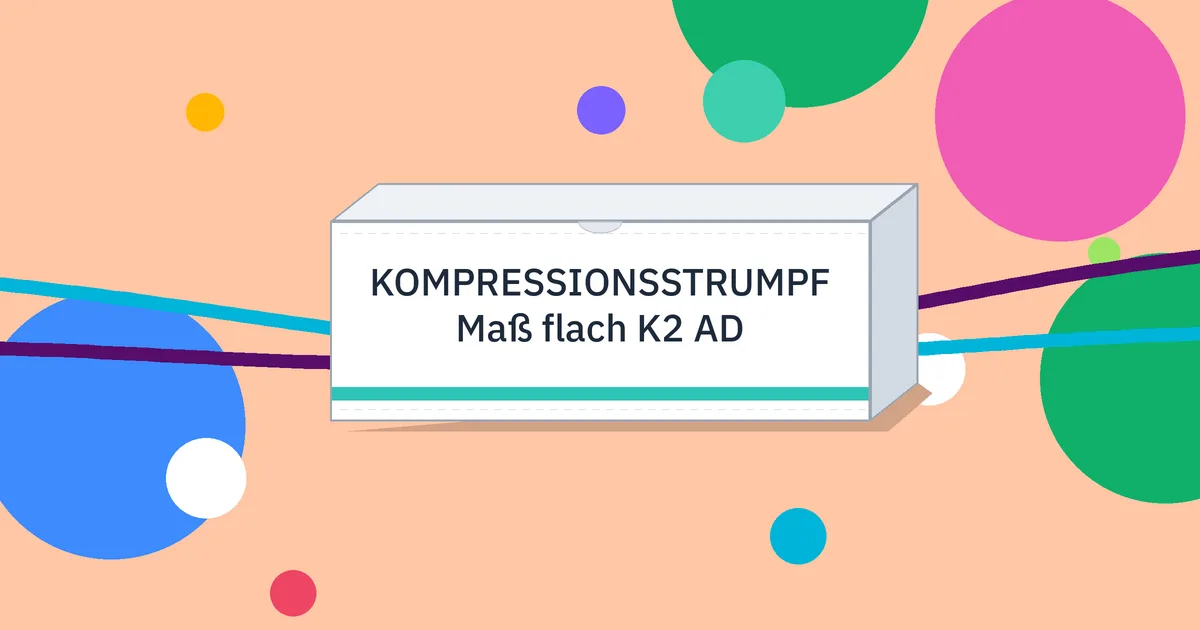 Symbolbild: Packung mit der Aufschrift KOMPRESSIONSSTRUMPF Maß flach K2 AD (PZN 16745021) – Verfügbarkeit und Bezug in Apotheken in Frankfurt am Main