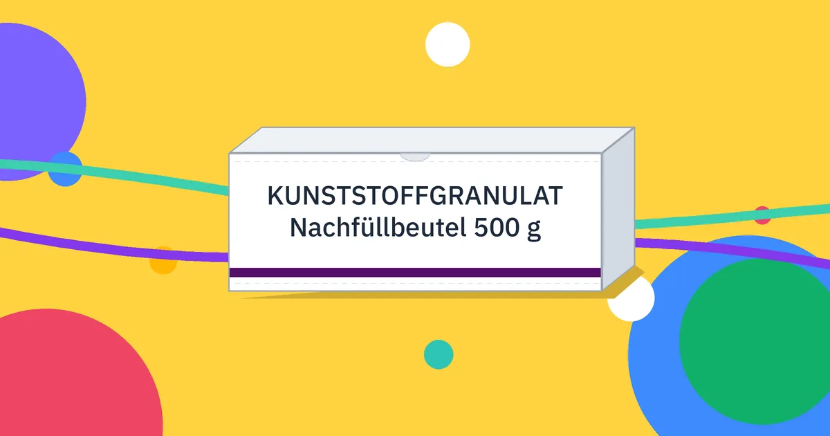 Symbolbild: Packung mit der Aufschrift KUNSTSTOFFGRANULAT Nachfüllbeutel 500 g (PZN 16150960) – Verfügbarkeit und Bezug in Apotheken in Frankfurt am Main