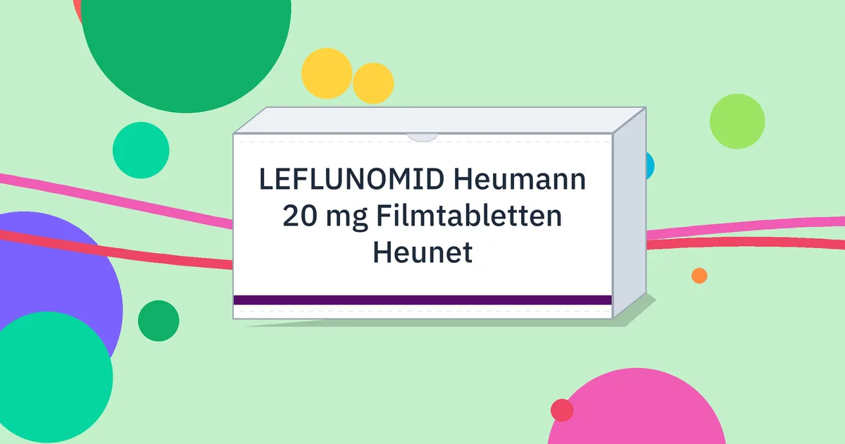 Symbolbild: Packung mit der Aufschrift LEFLUNOMID Heumann 20 mg Filmtabletten Heunet (PZN 16196695) – Verfügbarkeit und Bezug in Apotheken in Frankfurt am Main