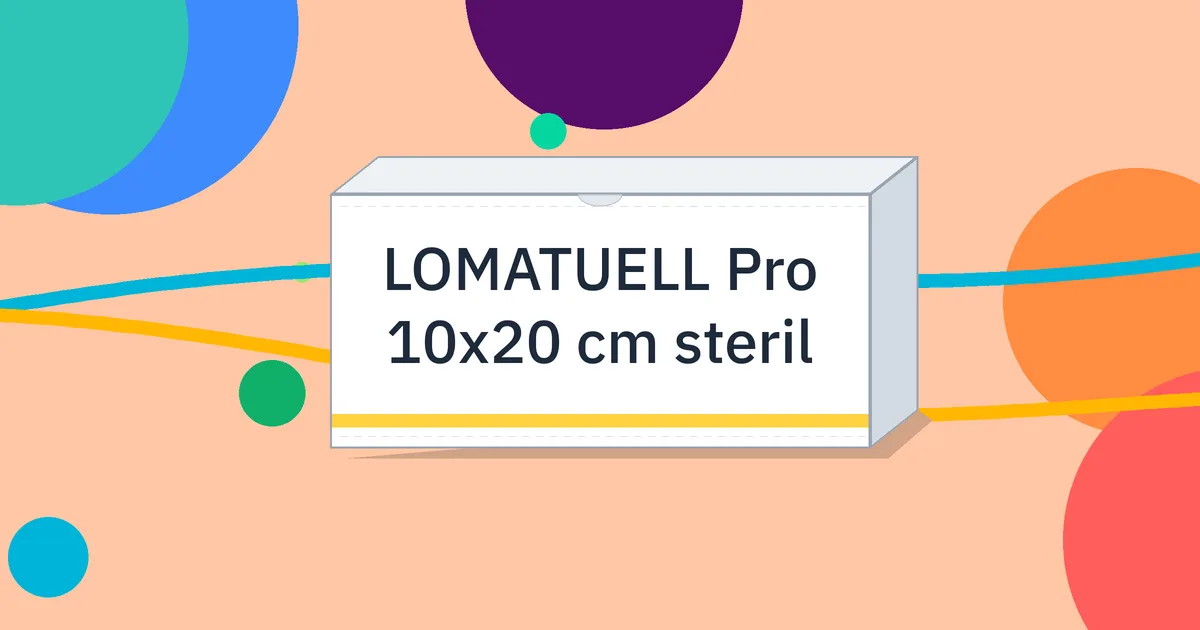 Symbolbild: Packung mit der Aufschrift LOMATUELL Pro 10x20 cm steril (PZN 18303824) – Verfügbarkeit und Bezug in Apotheken in Frankfurt am Main