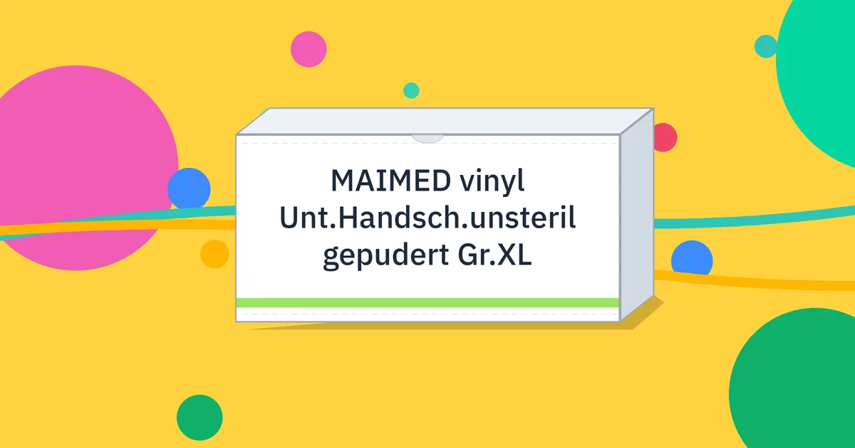 Symbolbild: Packung mit der Aufschrift MAIMED vinyl Unt.Handsch.unsteril gepudert Gr.XL (PZN 02074480) – Verfügbarkeit und Bezug in Apotheken in Frankfurt am Main