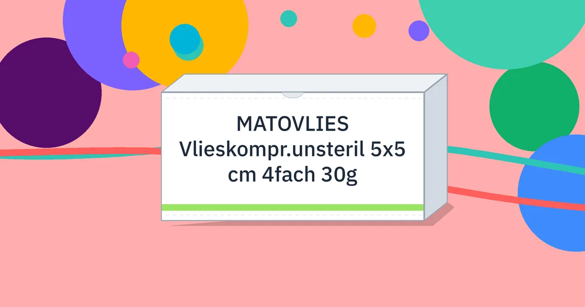 Symbolbild: Packung mit der Aufschrift MATOVLIES Vlieskompr.unsteril 5x5 cm 4fach 30g (PZN 16327387) – Verfügbarkeit und Bezug in Apotheken in Frankfurt am Main