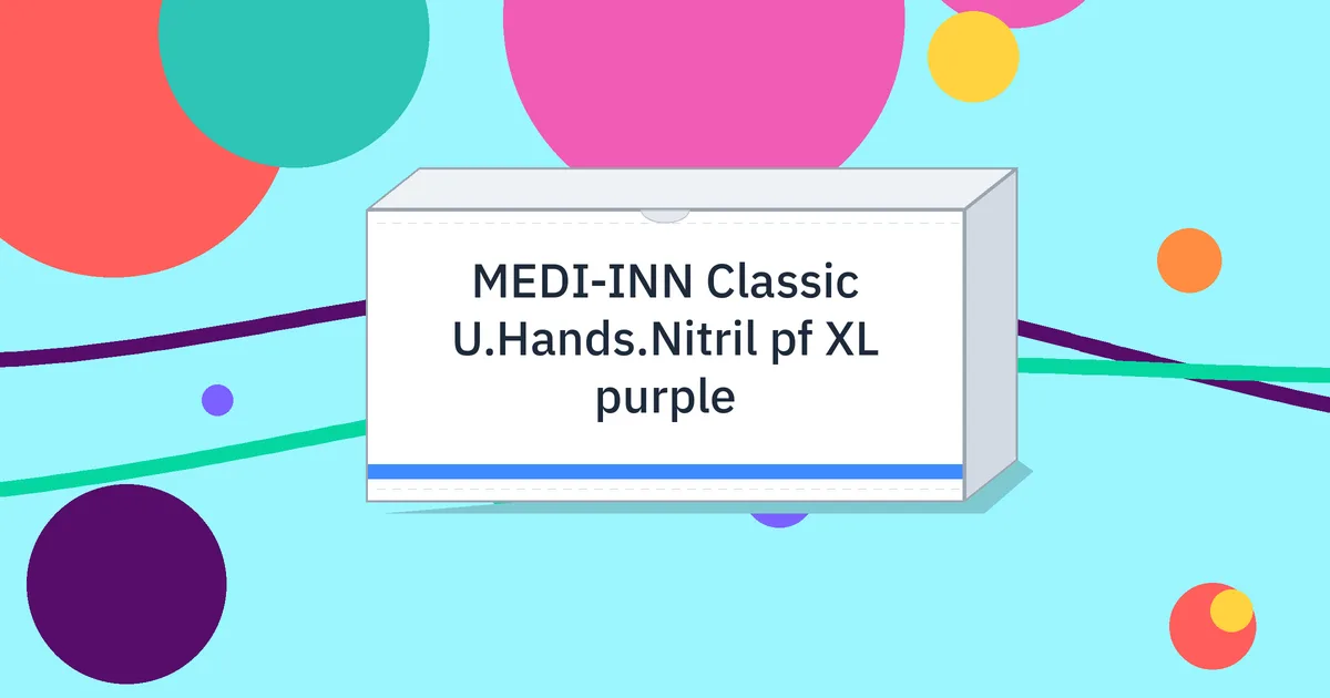 Symbolbild: Packung mit der Aufschrift MEDI-INN Classic U.Hands.Nitril pf XL purple (PZN 18444921) – Verfügbarkeit und Bezug in Apotheken in Frankfurt am Main