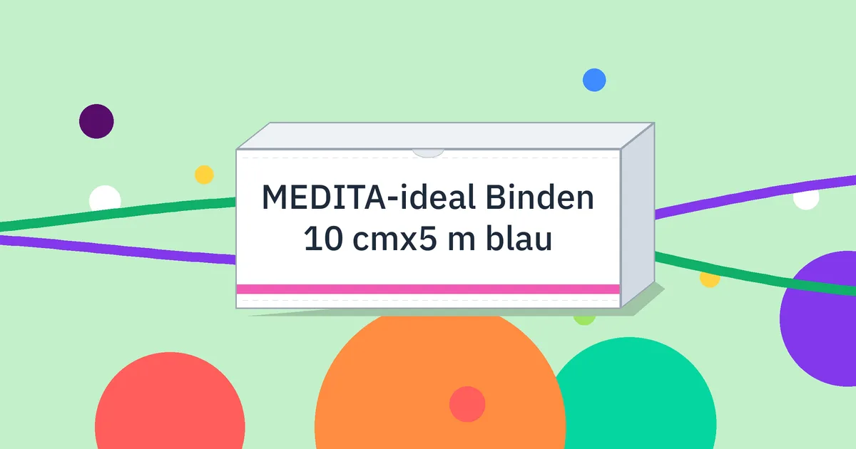 Symbolbild: Packung mit der Aufschrift MEDITA-ideal Binden 10 cmx5 m blau (PZN 19452176) – Verfügbarkeit und Bezug in Apotheken in Frankfurt am Main