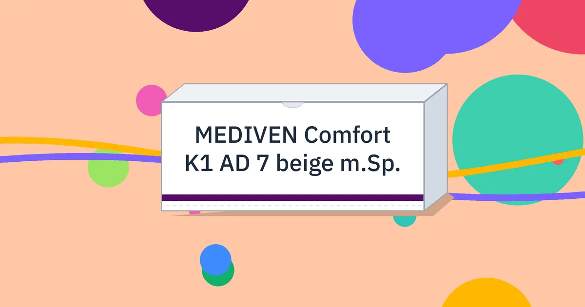 Symbolbild: Packung mit der Aufschrift MEDIVEN Comfort K1 AD 7 beige m.Sp. (PZN 14559490) – Verfügbarkeit und Bezug in Apotheken in Frankfurt am Main