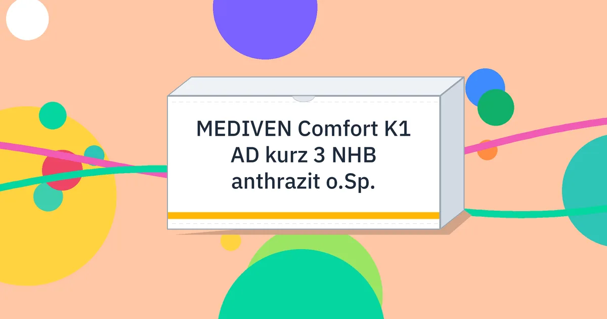 Symbolbild: Packung mit der Aufschrift MEDIVEN Comfort K1 AD kurz 3 NHB anthrazit o.Sp. (PZN 14556020) – Verfügbarkeit und Bezug in Apotheken in Frankfurt am Main