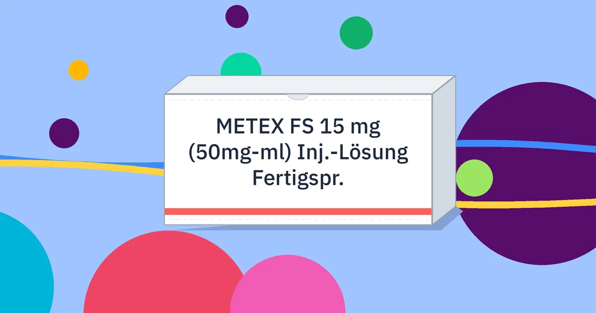 Symbolbild: Packung mit der Aufschrift METEX FS 15 mg (50mg-ml) Inj.-Lösung Fertigspr. (PZN 17880117) – Verfügbarkeit und Bezug in Apotheken in Frankfurt am Main