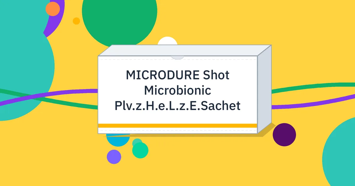 Symbolbild: Packung mit der Aufschrift MICRODURE Shot Microbionic Plv.z.H.e.L.z.E.Sachet (PZN 19373028) – Verfügbarkeit und Bezug in Apotheken in Frankfurt am Main