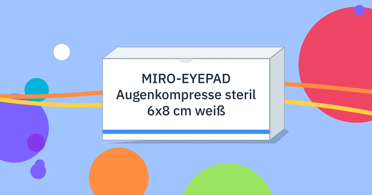 Symbolbild: Packung mit der Aufschrift MIRO-EYEPAD Augenkompresse steril 6x8 cm weiß (PZN 17997144) – Verfügbarkeit und Bezug in Apotheken in Frankfurt am Main