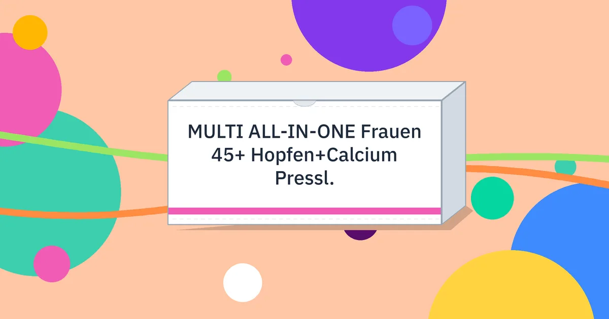 Symbolbild: Packung mit der Aufschrift MULTI ALL-IN-ONE Frauen 45+ Hopfen+Calcium Pressl. (PZN 19438265) – Verfügbarkeit und Bezug in Apotheken in Frankfurt am Main