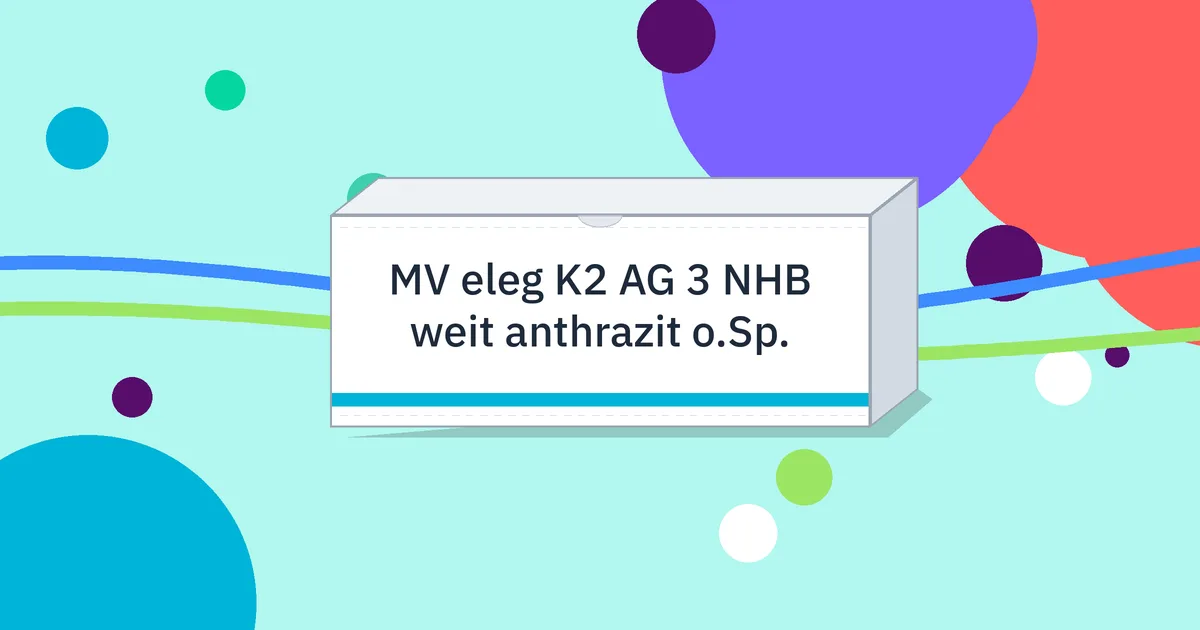 Symbolbild: Packung mit der Aufschrift MV eleg K2 AG 3 NHB weit anthrazit o.Sp. (PZN 15728032) – Verfügbarkeit und Bezug in Apotheken in Frankfurt am Main
