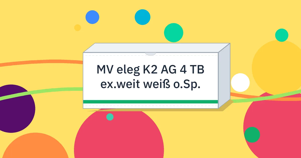 Symbolbild: Packung mit der Aufschrift MV eleg K2 AG 4 TB ex.weit weiß o.Sp. (PZN 09878307) – Verfügbarkeit und Bezug in Apotheken in Frankfurt am Main