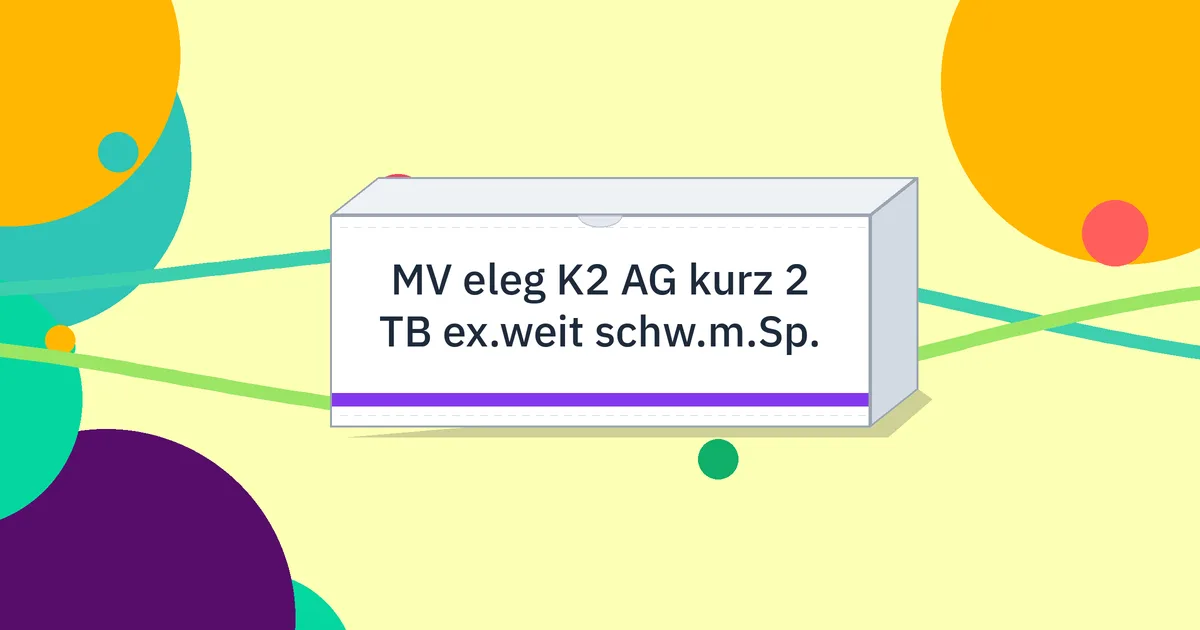 Symbolbild: Packung mit der Aufschrift MV eleg K2 AG kurz 2 TB ex.weit schw.m.Sp. (PZN 09880824) – Verfügbarkeit und Bezug in Apotheken in Frankfurt am Main
