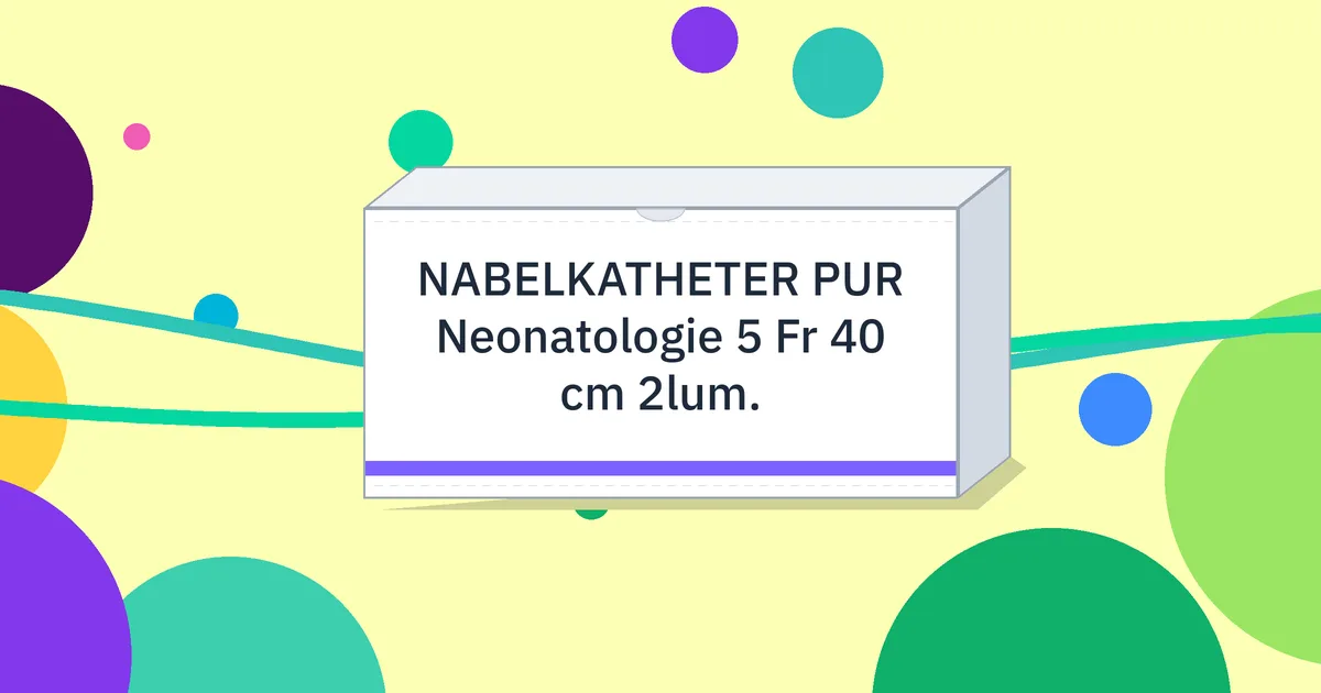 Symbolbild: Packung mit der Aufschrift NABELKATHETER PUR Neonatologie 5 Fr 40 cm 2lum. (PZN 09398079) – Verfügbarkeit und Bezug in Apotheken in Frankfurt am Main