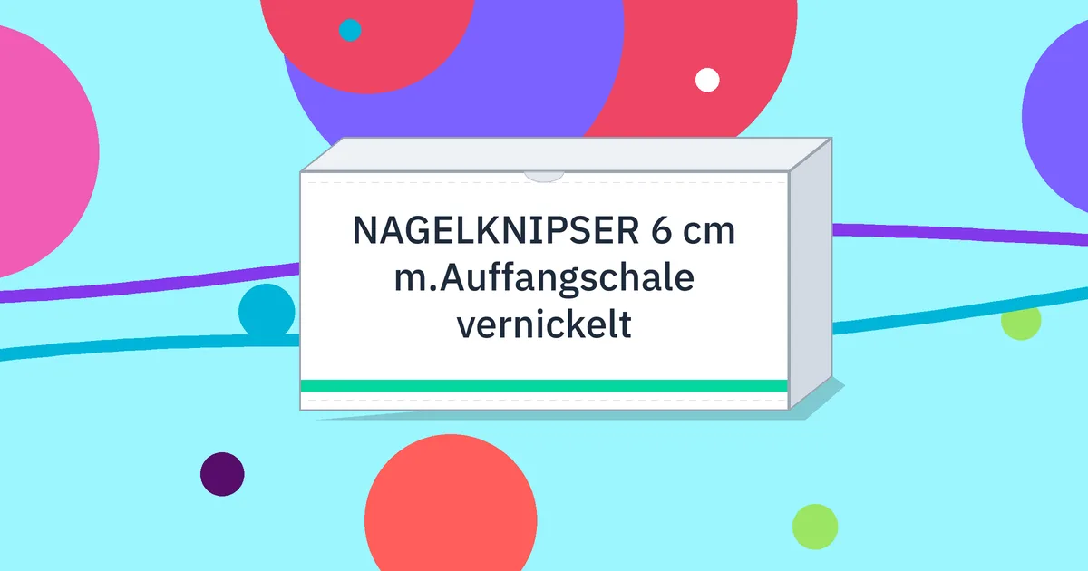 Symbolbild: Packung mit der Aufschrift NAGELKNIPSER 6 cm m.Auffangschale vernickelt (PZN 17288198) – Verfügbarkeit und Bezug in Apotheken in Frankfurt am Main