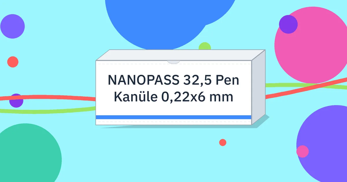 Symbolbild: Packung mit der Aufschrift NANOPASS 32,5 Pen Kanüle 0,22x6 mm (PZN 16595254) – Verfügbarkeit und Bezug in Apotheken in Frankfurt am Main