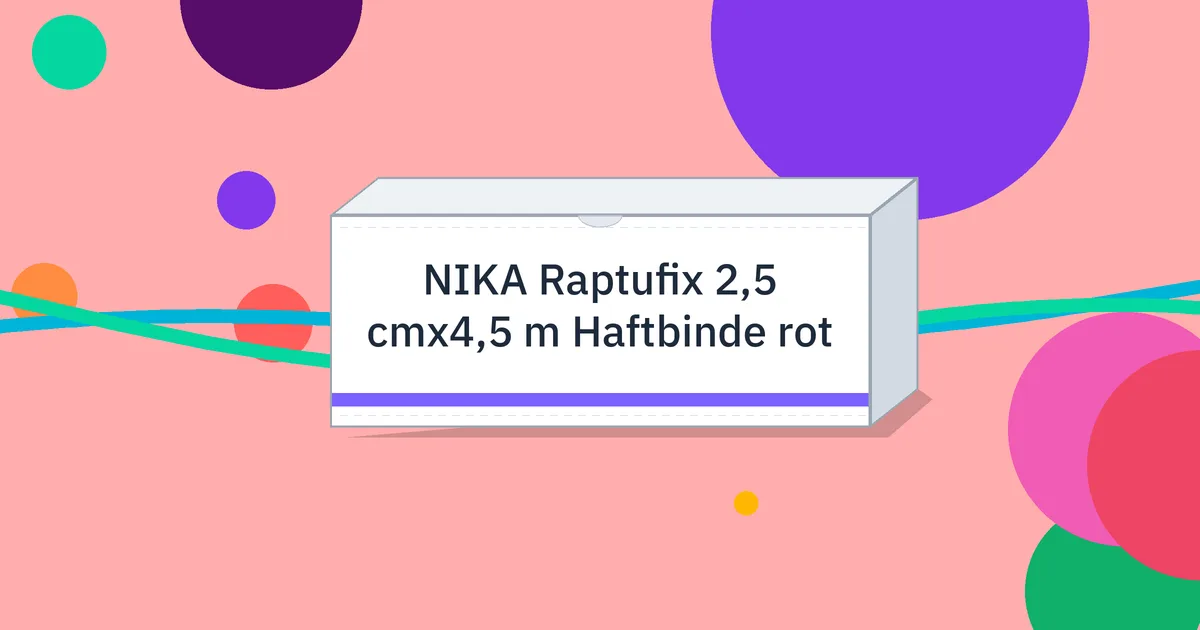Symbolbild: Packung mit der Aufschrift NIKA Raptufix 2,5 cmx4,5 m Haftbinde rot (PZN 19078602) – Verfügbarkeit und Bezug in Apotheken in Frankfurt am Main