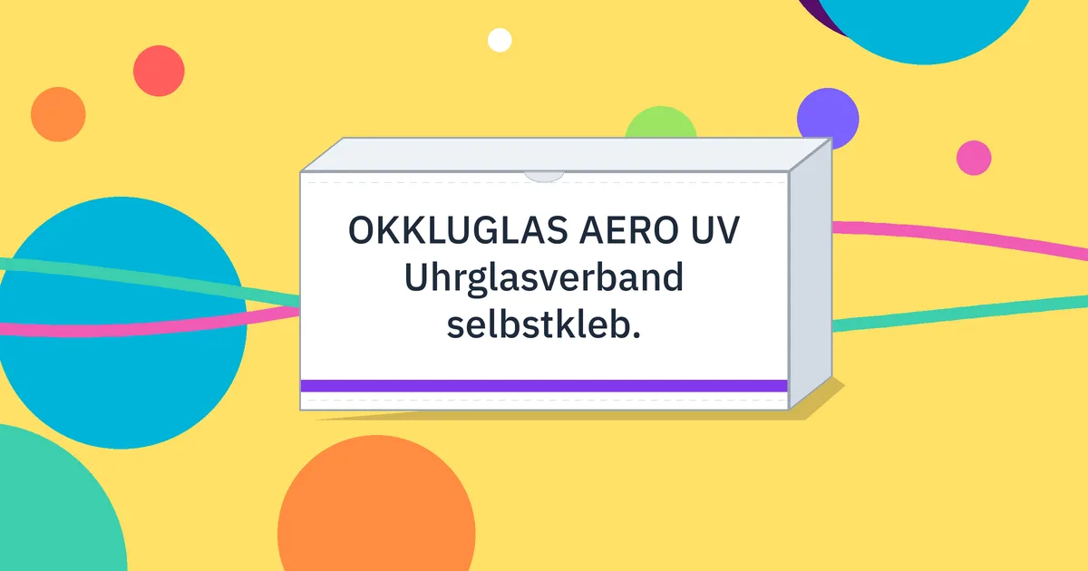 Symbolbild: Packung mit der Aufschrift OKKLUGLAS AERO UV Uhrglasverband selbstkleb. (PZN 17203351) – Verfügbarkeit und Bezug in Apotheken in Frankfurt am Main