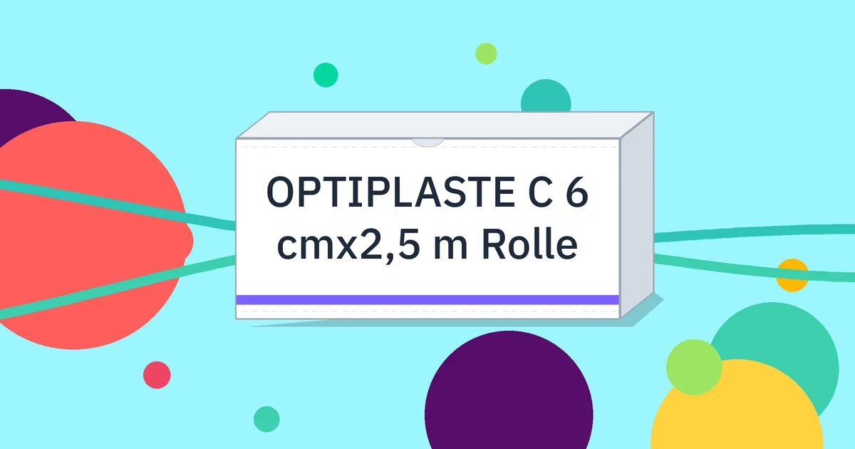 Symbolbild: Packung mit der Aufschrift OPTIPLASTE C 6 cmx2,5 m Rolle (PZN 03576261) – Verfügbarkeit und Bezug in Apotheken in Frankfurt am Main