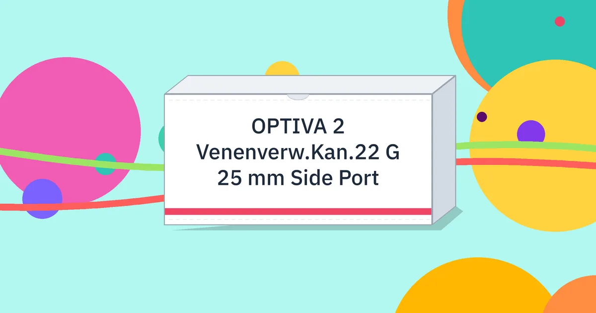 Symbolbild: Packung mit der Aufschrift OPTIVA 2 Venenverw.Kan.22 G 25 mm Side Port (PZN 09105812) – Verfügbarkeit und Bezug in Apotheken in Frankfurt am Main