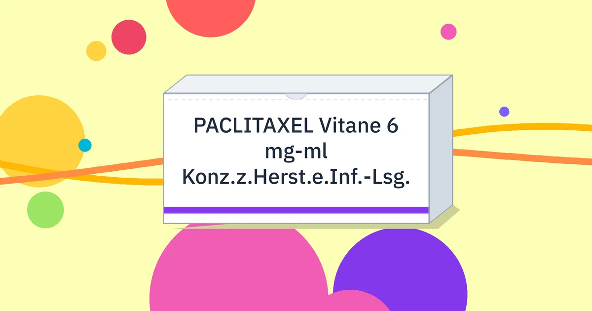Symbolbild: Packung mit der Aufschrift PACLITAXEL Vitane 6 mg-ml Konz.z.Herst.e.Inf.-Lsg. (PZN 11058178) – Verfügbarkeit und Bezug in Apotheken in Frankfurt am Main