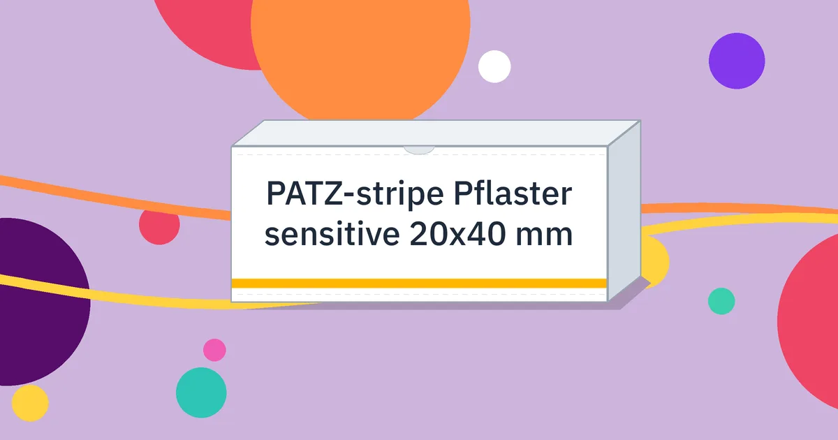 Symbolbild: Packung mit der Aufschrift PATZ-stripe Pflaster sensitive 20x40 mm (PZN 08929072) – Verfügbarkeit und Bezug in Apotheken in Frankfurt am Main