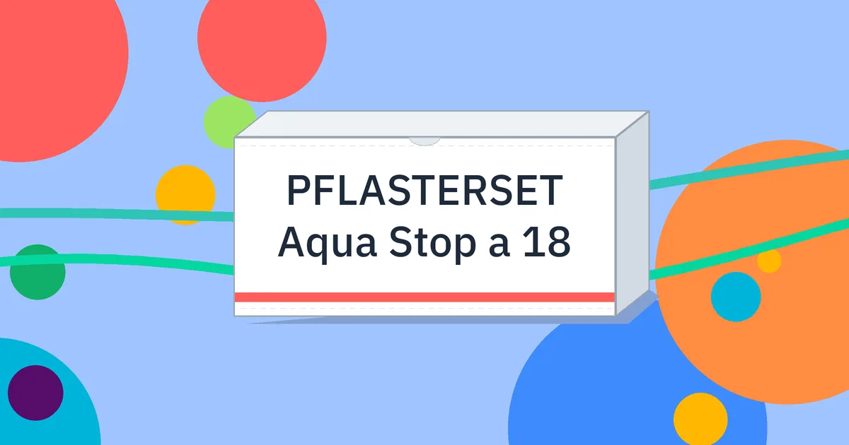 Symbolbild: Packung mit der Aufschrift PFLASTERSET Aqua Stop a 18 (PZN 04217268) – Verfügbarkeit und Bezug in Apotheken in Frankfurt am Main
