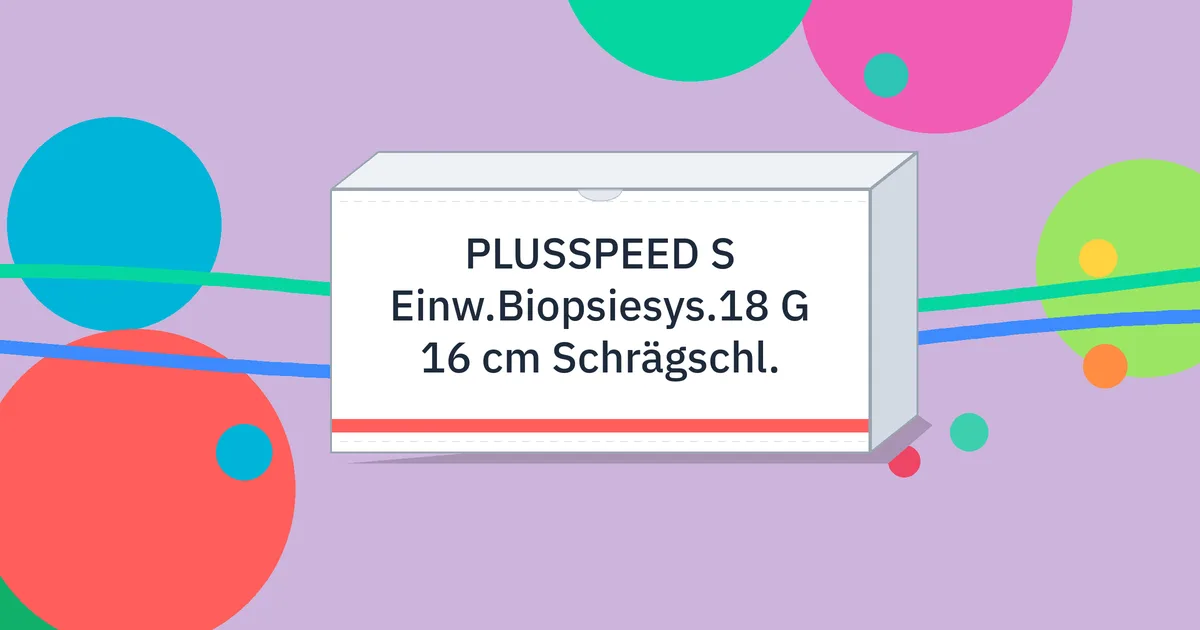 Symbolbild: Packung mit der Aufschrift PLUSSPEED S Einw.Biopsiesys.18 G 16 cm Schrägschl. (PZN 14258328) – Verfügbarkeit und Bezug in Apotheken in Frankfurt am Main
