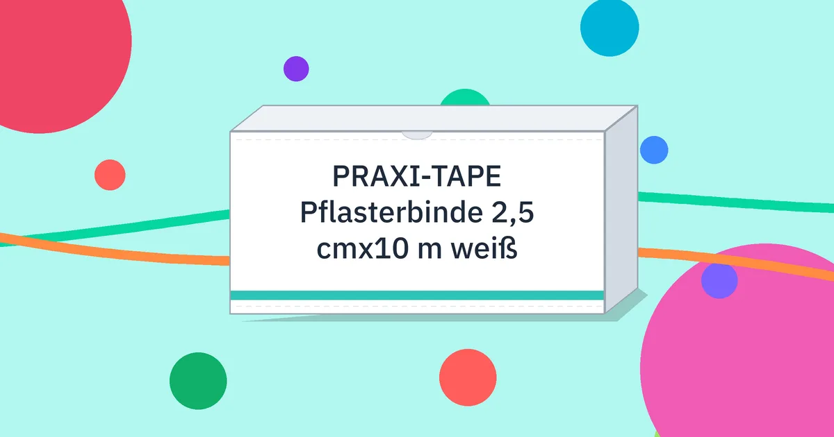 Symbolbild: Packung mit der Aufschrift PRAXI-TAPE Pflasterbinde 2,5 cmx10 m weiß (PZN 12827897) – Verfügbarkeit und Bezug in Apotheken in Frankfurt am Main