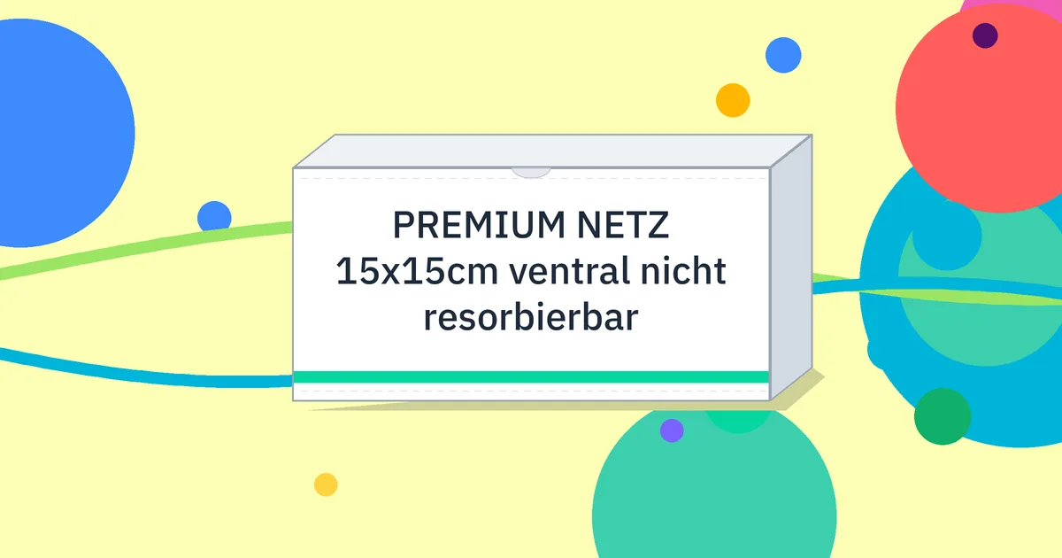 Symbolbild: Packung mit der Aufschrift PREMIUM NETZ 15x15cm ventral nicht resorbierbar (PZN 19505079) – Verfügbarkeit und Bezug in Apotheken in Frankfurt am Main