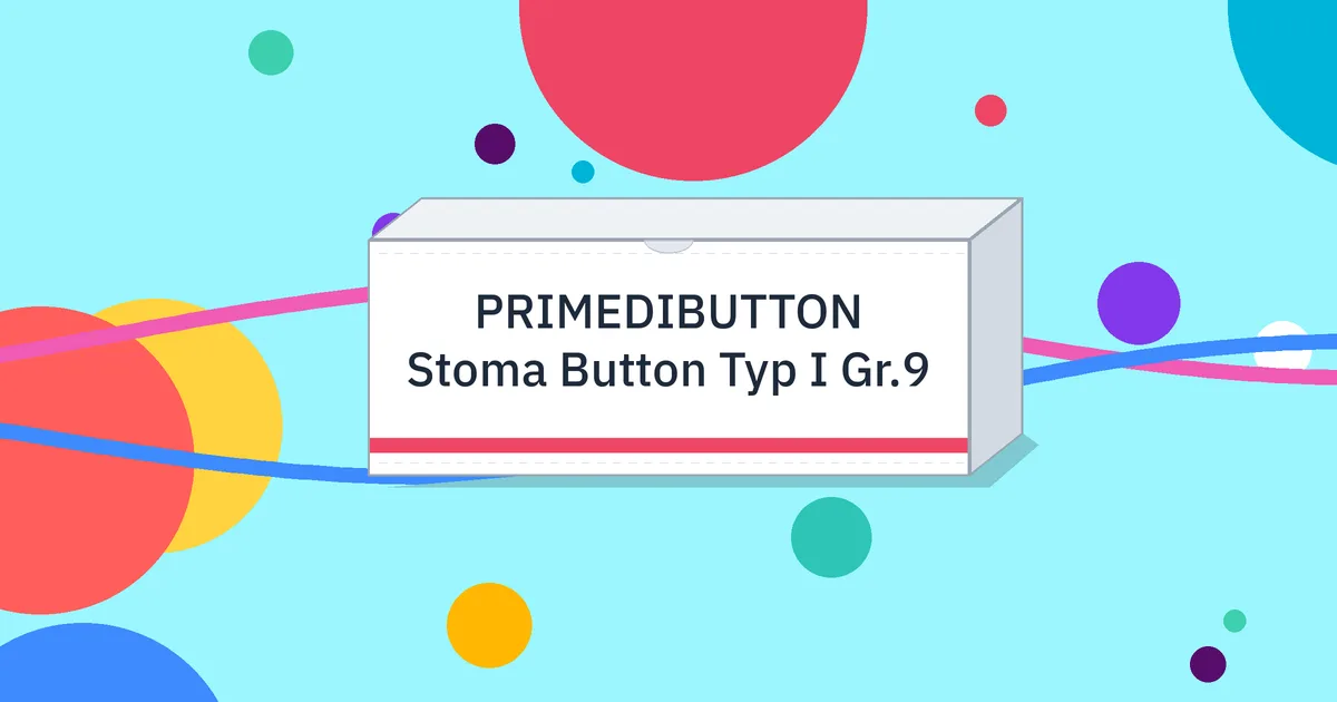 Symbolbild: Packung mit der Aufschrift PRIMEDIBUTTON Stoma Button Typ I Gr.9 (PZN 10791190) – Verfügbarkeit und Bezug in Apotheken in Frankfurt am Main