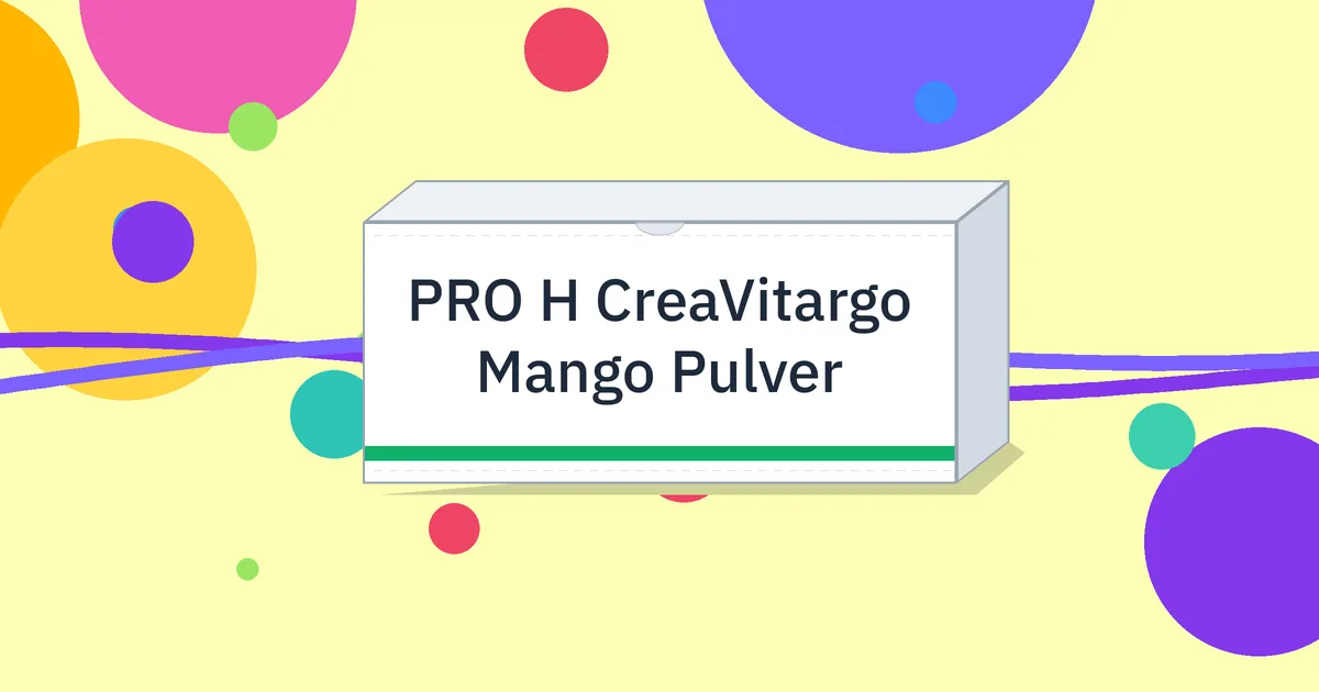 Symbolbild: Packung mit der Aufschrift PRO H CreaVitargo Mango Pulver (PZN 07681730) – Verfügbarkeit und Bezug in Apotheken in Frankfurt am Main