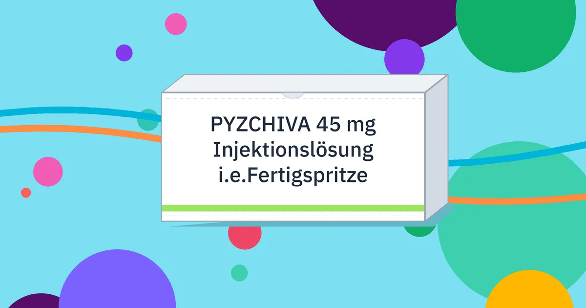 Symbolbild: Packung mit der Aufschrift PYZCHIVA 45 mg Injektionslösung i.e.Fertigspritze (PZN 19720145) – Verfügbarkeit und Bezug in Apotheken in Frankfurt am Main