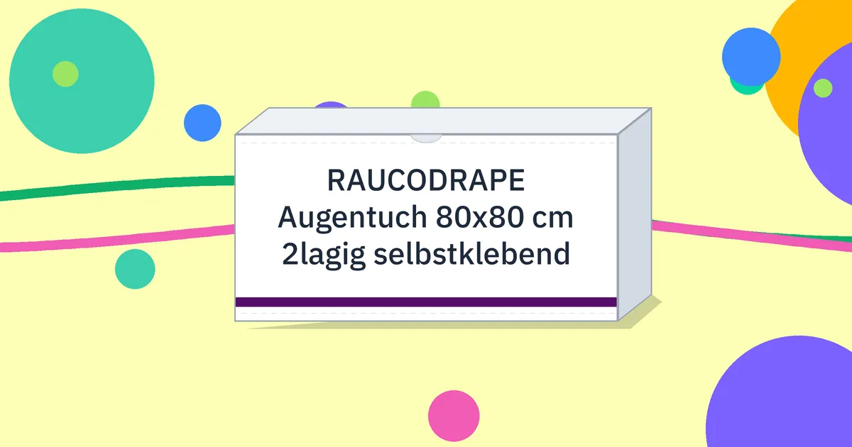 Symbolbild: Packung mit der Aufschrift RAUCODRAPE Augentuch 80x80 cm 2lagig selbstklebend (PZN 07601458) – Verfügbarkeit und Bezug in Apotheken in Frankfurt am Main
