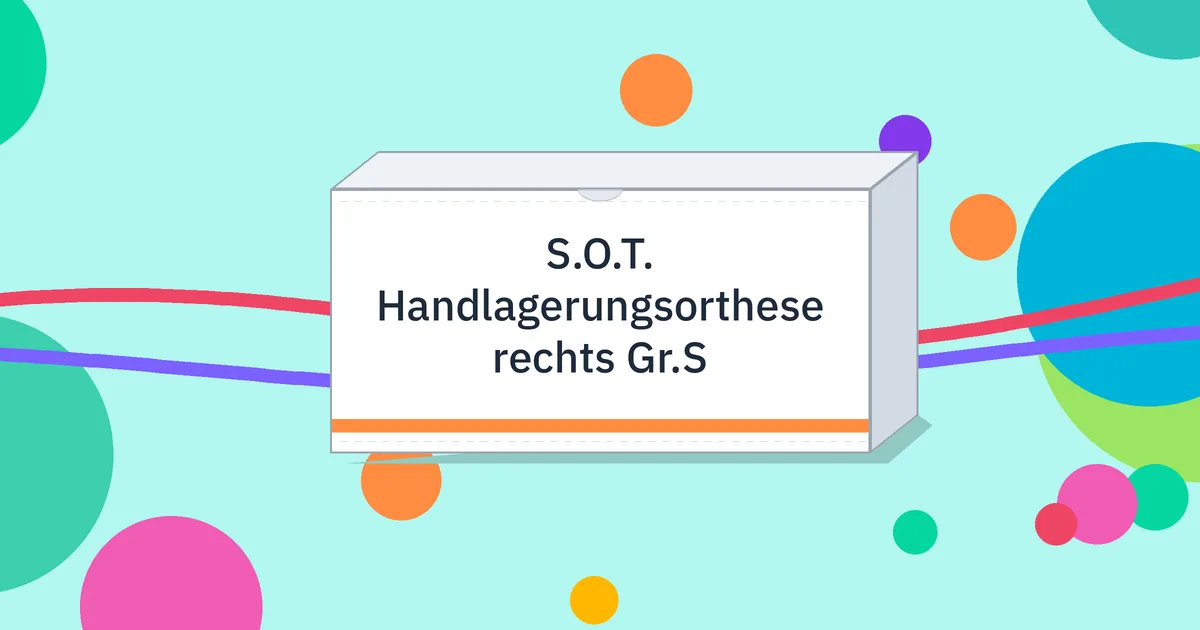 Symbolbild: Packung mit der Aufschrift S.O.T. Handlagerungsorthese rechts Gr.S (PZN 14048789) – Verfügbarkeit und Bezug in Apotheken in Frankfurt am Main